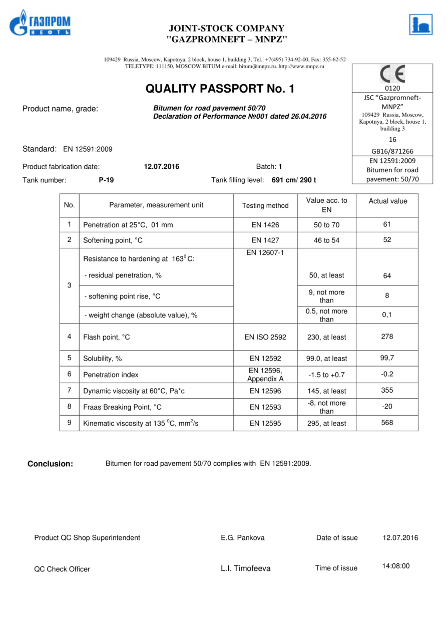 Passport of quality Bitumen 50/70